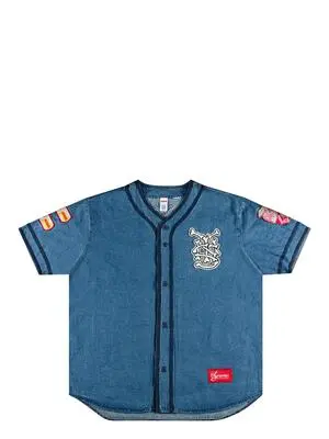 Supreme Patches Denim Baseball Jersey - Blue