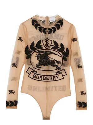 Burberry Embroidered Graphic Logo Mesh Bodysuit - Tan