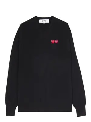 Play Comme Des Garcon Double Heart V-neck Sweater - Black