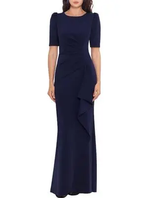 XSCAPE EVENINGS Xscape Evenings Ruffle Puff Sleeve Gown Midnight