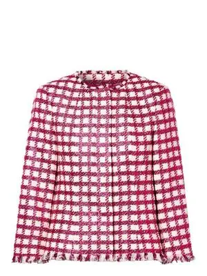 Oscar De La Renta Frayed Checked Metallic Tweed Jacket - Red