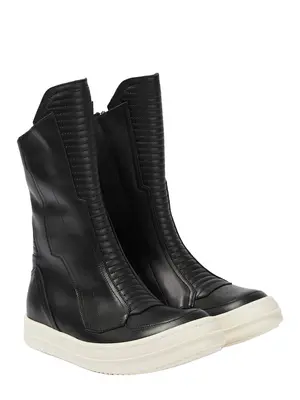 Rick Owens Leather High Top Sneakers - Black