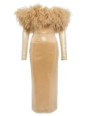 David Koma Feather-trimmed Sequined Midi Dress - Beige