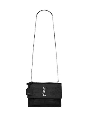 Saint Laurent Sunset Croc Effect Shoulder Bag - Black