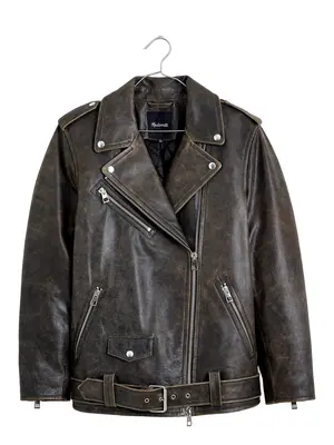 Madewell Distressed Leather Oversized Biker Jacket - Washed Fatigue