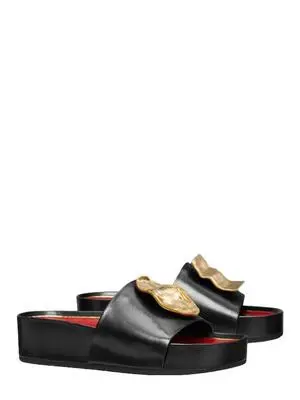 Tory Burch Patos Mismatched Slide Perfect Black/tory Red/ancient Gold