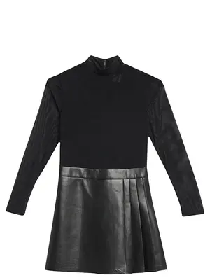 Alice + Olivia Chara Long-sleeve Vegan Leather Pleated Mini Dress - Black