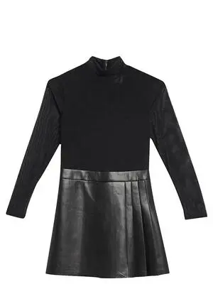 Alice + Olivia Chara Long-sleeve Vegan Leather Pleated Mini Dress - Black