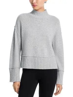 Aqua 100% Cashmere Boxy Mock Neck Sweater - Light Gray