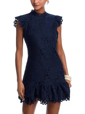 Aqua Mock Neck Lace Shift Dress Exclusive - Navy