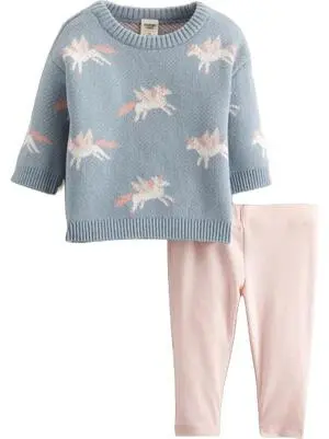 TUCKER + TATE Jacquard Sweater & Pants Set - Blue Xenon Unicorn Fly- Pink