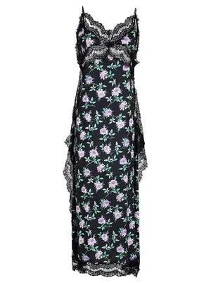 MSGM Lace-paneled Floral-print Crepe De Chine Midi Dress - Black