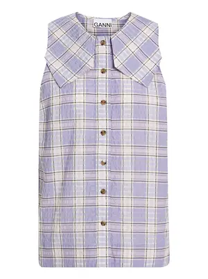 GANNI Checked Cotton-blend Seersucker Top - Lavender