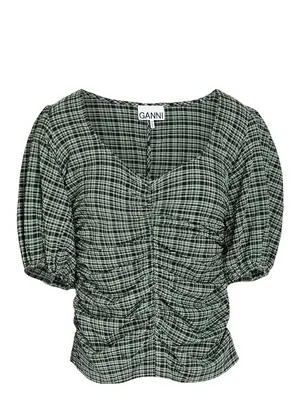GANNI Ruched Checked Seersucker Top - Green