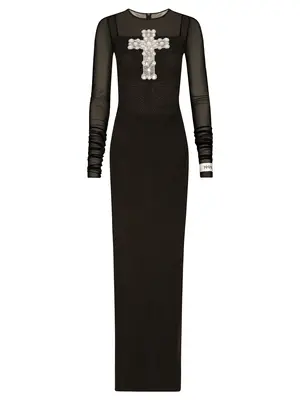 Dolce & Gabbana Long Tulle Dress With Rhinestone Cross - Black