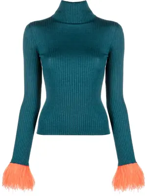 La DoubleJ Feather-trim Rib-knit Jumper - Blue