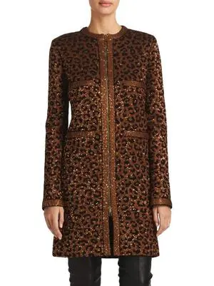 St. John Sequin Leopard Jacquard Long Jacket - Caramel/copper Multi
