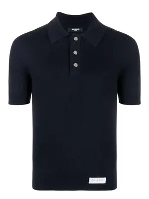 Balmain Logo-patch Wool Polo Shirt - Blue