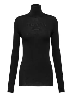 Prada Superfine Wool Ribbed Knit Turtleneck Sweater With Raglan Shoulders - Black