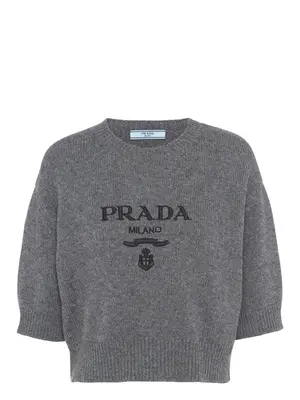 Prada Logo-intarsia Cropped Wool Sweater - Grey