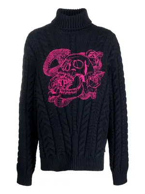 Philipp Plein Embroidered Skull Roll-neck Jumper - Blue