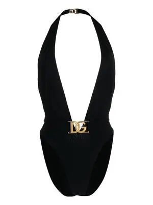 Dolce & Gabbana Logo-plaque Plunge Swimsuit - Black
