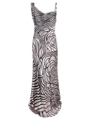Alberta Ferretti Rose-print Asymmetric Sleeveless Gown - Neutrals