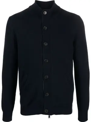 Brioni Leather-trimmed Cashmere Cardigan - Blue