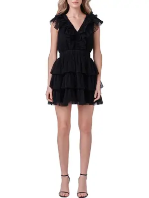 Endless Rose Tiered Ruffle Tulle Minidress - Black
