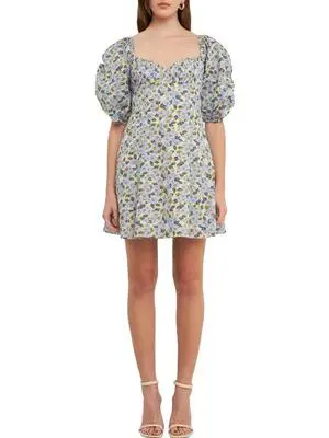 Endless Rose Floral Print Puff Sleeve Mini Dress - Blue Multi