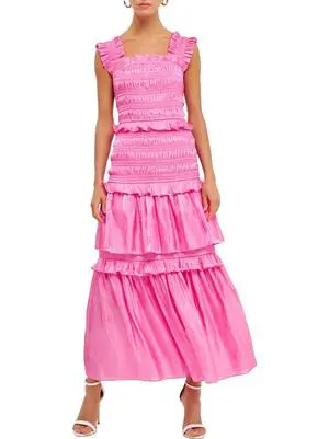Endless Rose Sheer Smocked Tiered Maxi Dress - Pink