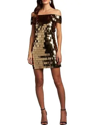 Tadashi Shoji Sequin Fringe Off-the-shoulder Dress - Golden