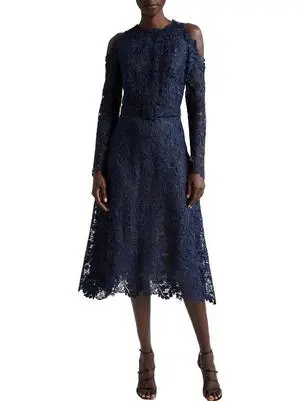 Oscar De La Renta Belted Guipure Lace Cold Shoulder Dress - Navy