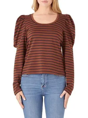 English Factory Stripe Puff Sleeve Knit Top - Brown/ Navy