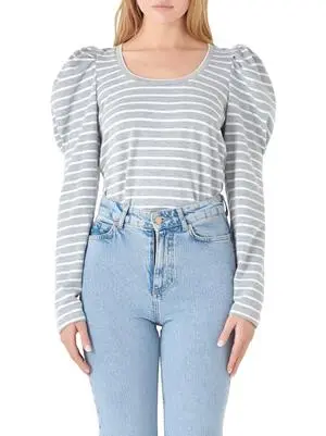 English Factory Stripe Puff Sleeve Knit Top - Heather Grey/ White