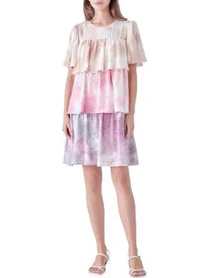 FREE THE ROSES Tie-dye Swiss Dot Tiered Dress - Pink Multi