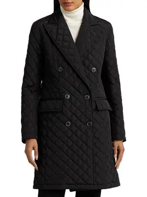 Ralph Lauren Crest Embroidered Quilted Double Breasted Coat Black