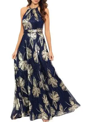 Aqua Floral Print Foil Halter Gown - Navy/gold