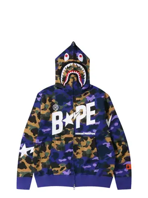 A BATHING APE X Heron Preston Mix 1st Camo Shark Relaxed Fit Full Zip Hoodie - Purple