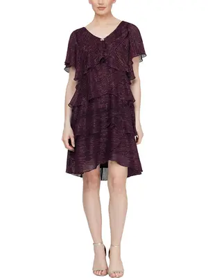 SLNY Womens Metallic Knee Shift Dress Red