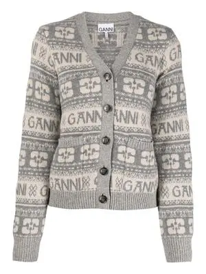 GANNI Logo Intarsia-knit V-neck Cardigan - Grey