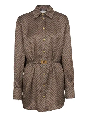 Balmain Monogram-print Silk Shirt - Brown