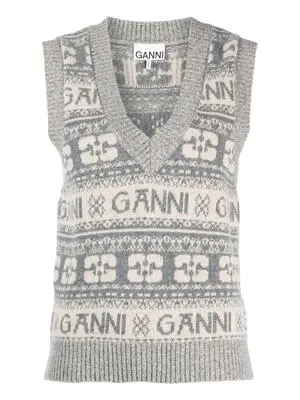 GANNI Intarsia-knit Logo V-neck Vest - Green