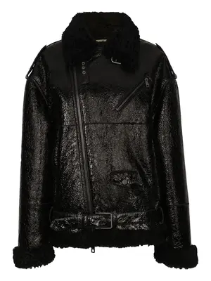 Dolce & Gabbana Frilled-collar Pebbled Leather Jacket - Black