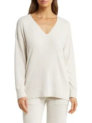 Barefoot Dreams High-Low Hem V-Neck Pullover Sweater Almond