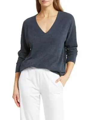 Barefoot Dreams High-Low Hem V-Neck Pullover Sweater Tidewater