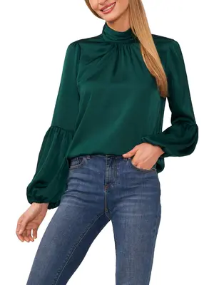 CECE DUPRAZ Satin Blouse With Mock Neck And Blouson Sleeves - Dark Forest