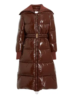 Zimmermann Belted Quilted Vinyl Down Coat Brown