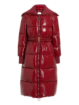 Zimmermann Belted Quilted Vinyl Down Coat Crimson