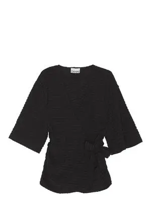 GANNI V-neck Seersucker Blouse - Black